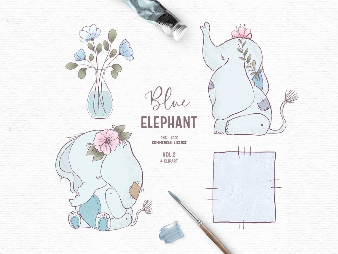 Digital hand drawn baby elephant clipart in blue. Rustic | Etsy