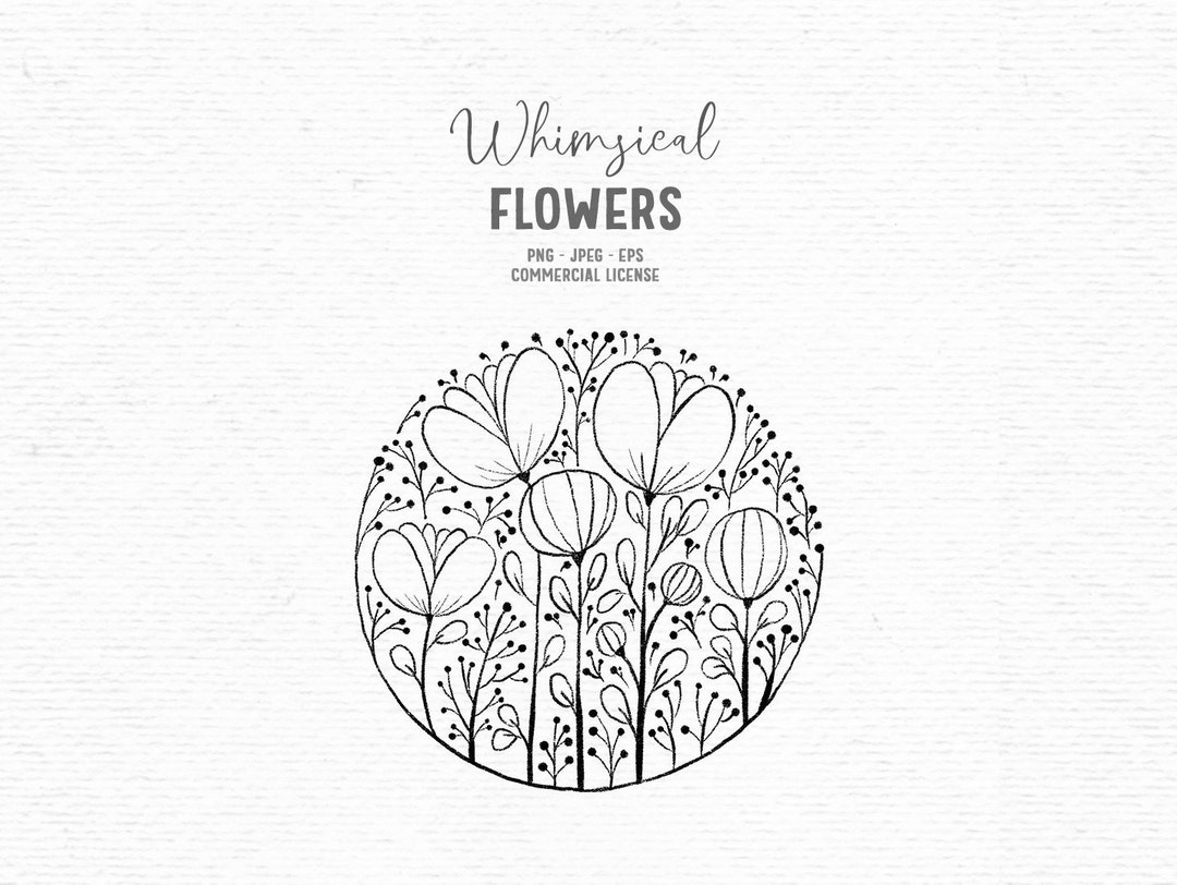 Digital Hand Drawn Floral Digital Stamp Clipart in Black and White ...