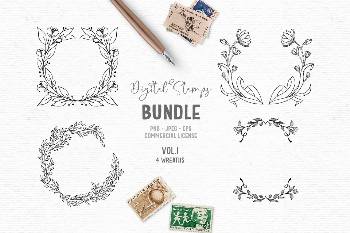 Hand Drawn Digital Stamps Bundle in Black and White. Whimsical | Etsy