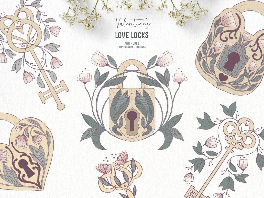 Digital Hand Drawn Valentines Clipart With Padlocks and Keys. - Etsy