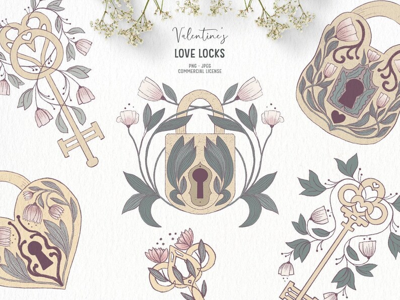 Digital Hand Drawn Valentines Clipart With Padlocks and Keys. - Etsy