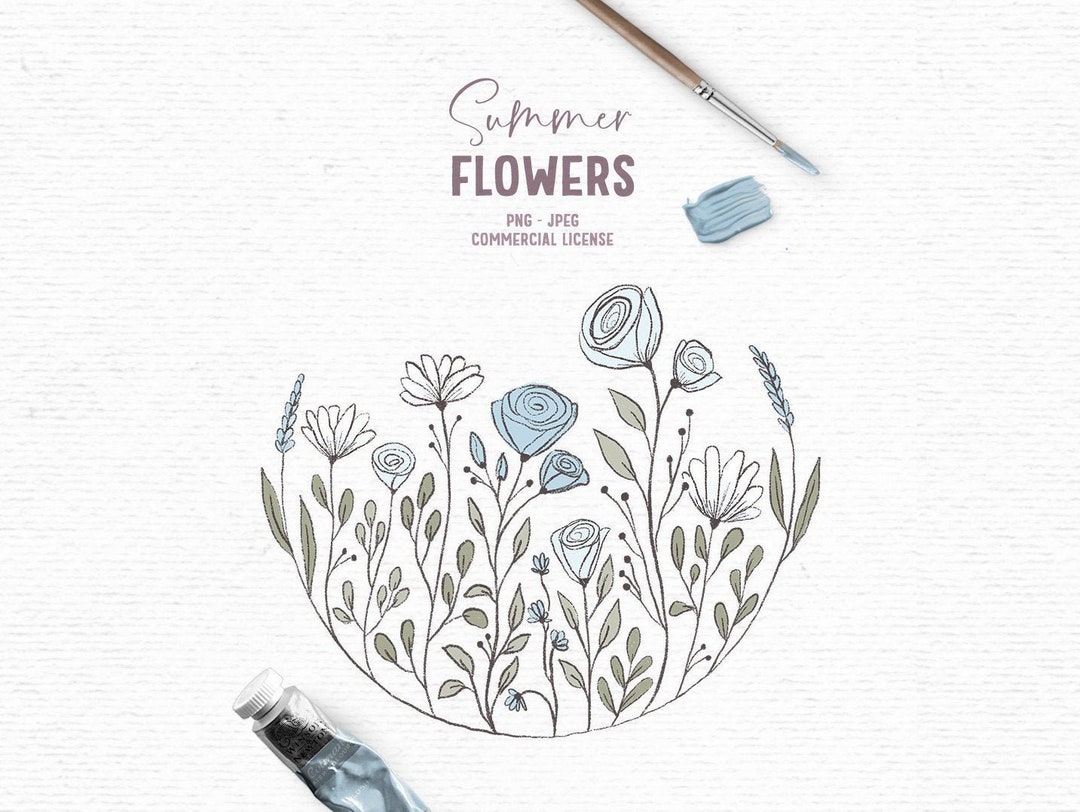 Digital Hand Drawn Flower Summer Clipart in Blue. Whimsical Wildflowers ...