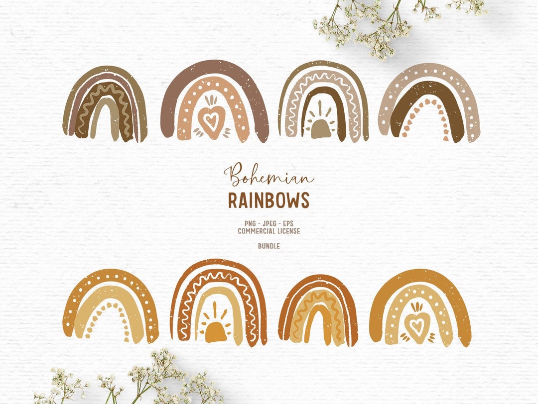 Digital Hand Drawn Bohemian Rainbow Clipart. Earthy Boho Clipart for ...