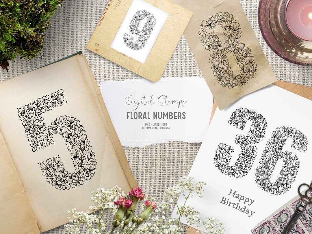 Digital Hand Drawn Floral Number Clipart. Flower Digital - Etsy