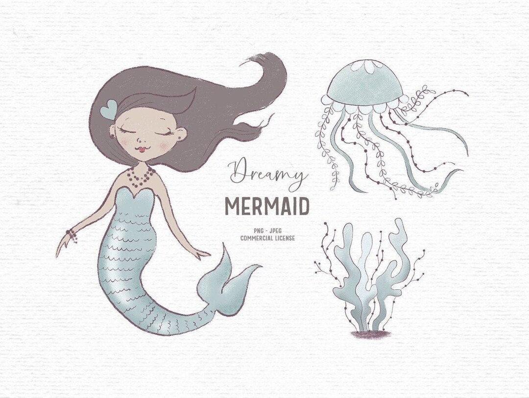Digital Hand Drawn Mermaid Clipart in Turquoise. Whimsical Sea Clipart ...