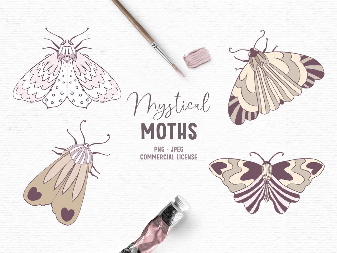 Digital Hand Drawn Boho Clipart With Moths in Pink and Brown. Bohemian ...
