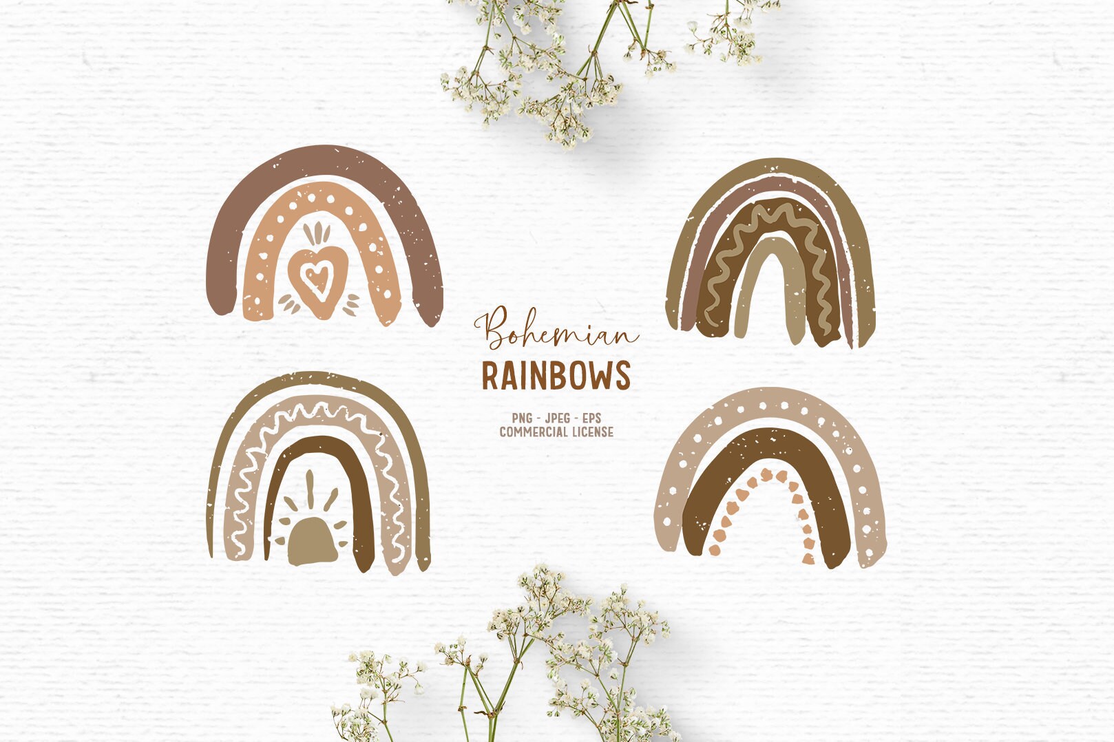 Digital hand drawn bohemian rainbow clipart. Brown boho | Etsy
