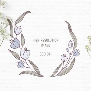 Digital Hand Drawn Floral Clipart in Blue. Whimsical Flower Frame ...