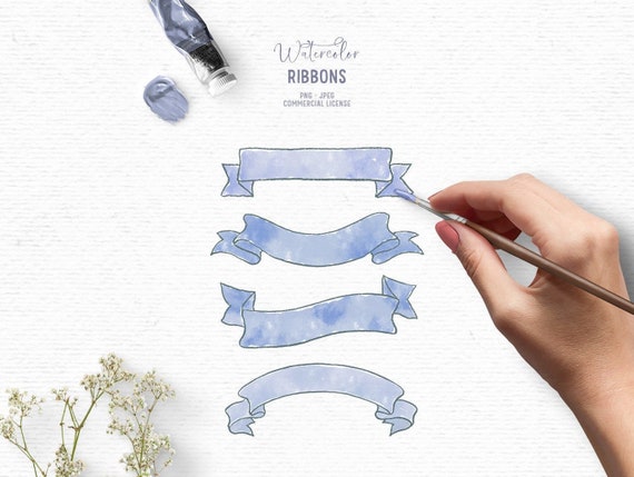 Digital Hand Drawn Watercolor Banner Clipart in Blue. Rustic | Etsy