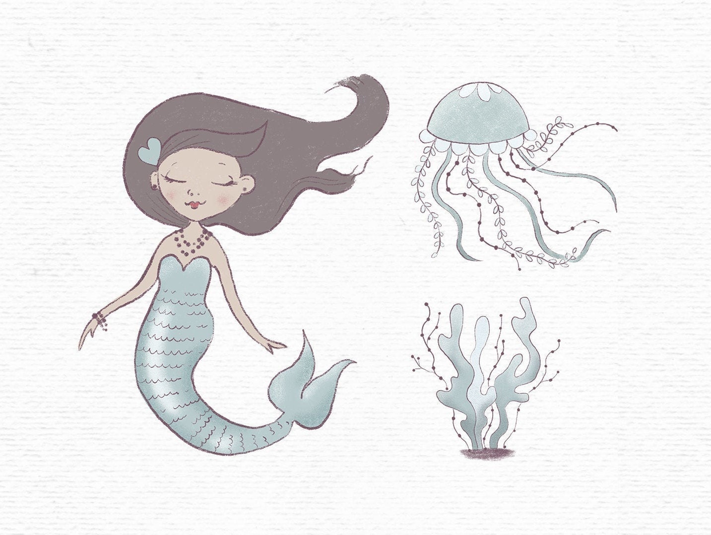 Digital Hand Drawn Mermaid Clipart in Turquoise. Whimsical Sea | Etsy