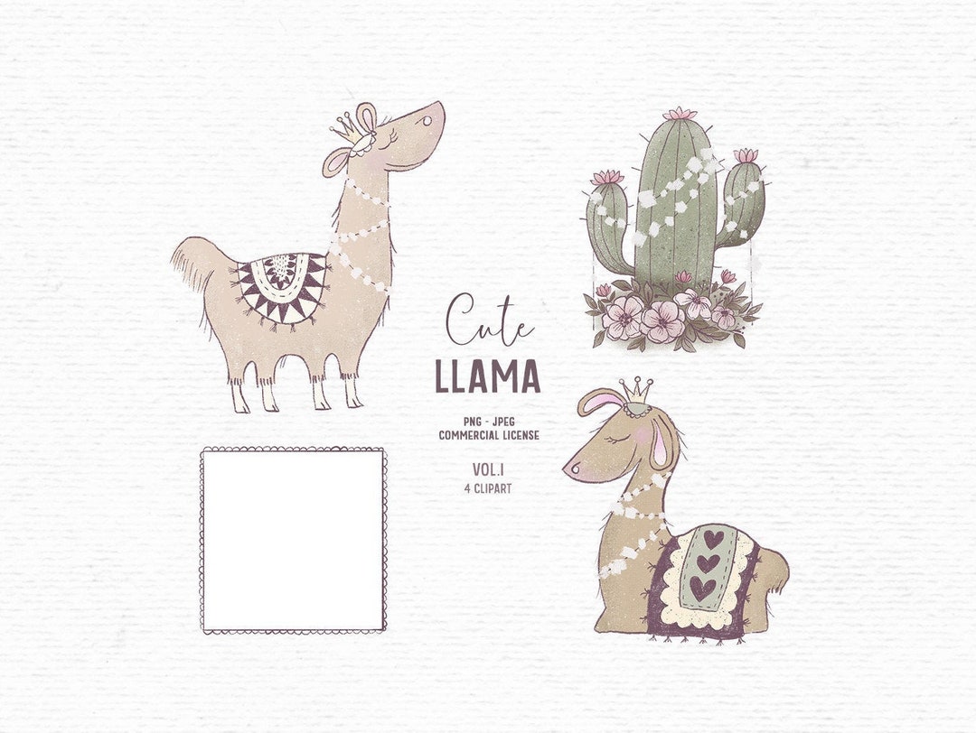 Digital Hand Drawn Cute Llama Clipart in Brown. Beige Whimsical Animal ...
