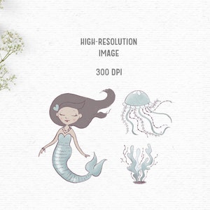 Digital Hand Drawn Mermaid Clipart in Turquoise. Whimsical Sea Clipart ...