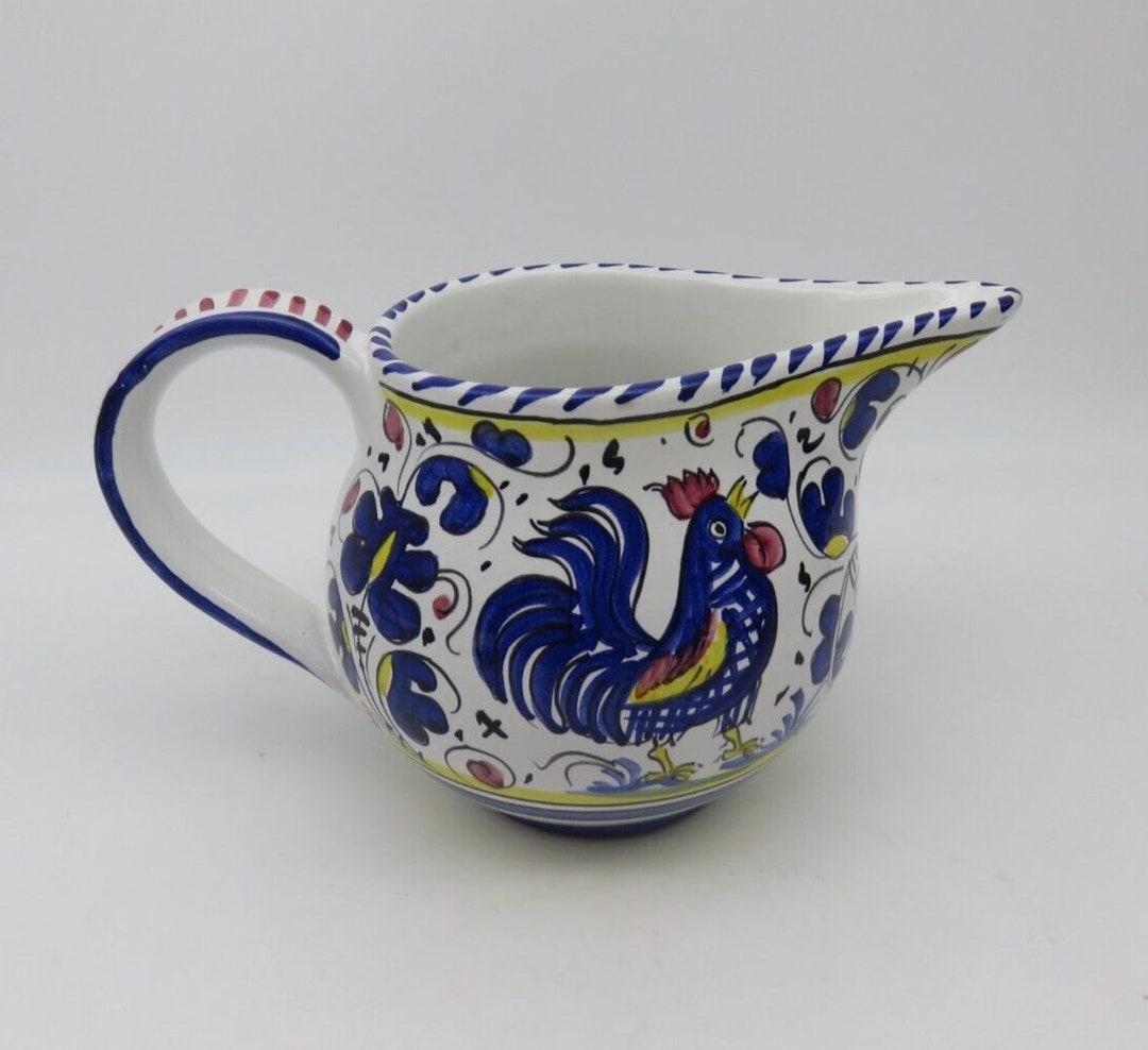Sberna Deruta Blue Rooster With Flowers Pitcher Creamer Vintage Italy ...