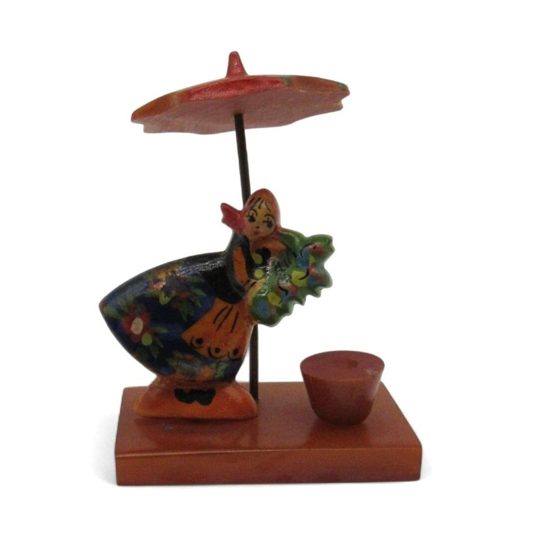 BAKELITE Miniature Folk-art FIGURINE With Umbrella and Flowers 2.3 ...