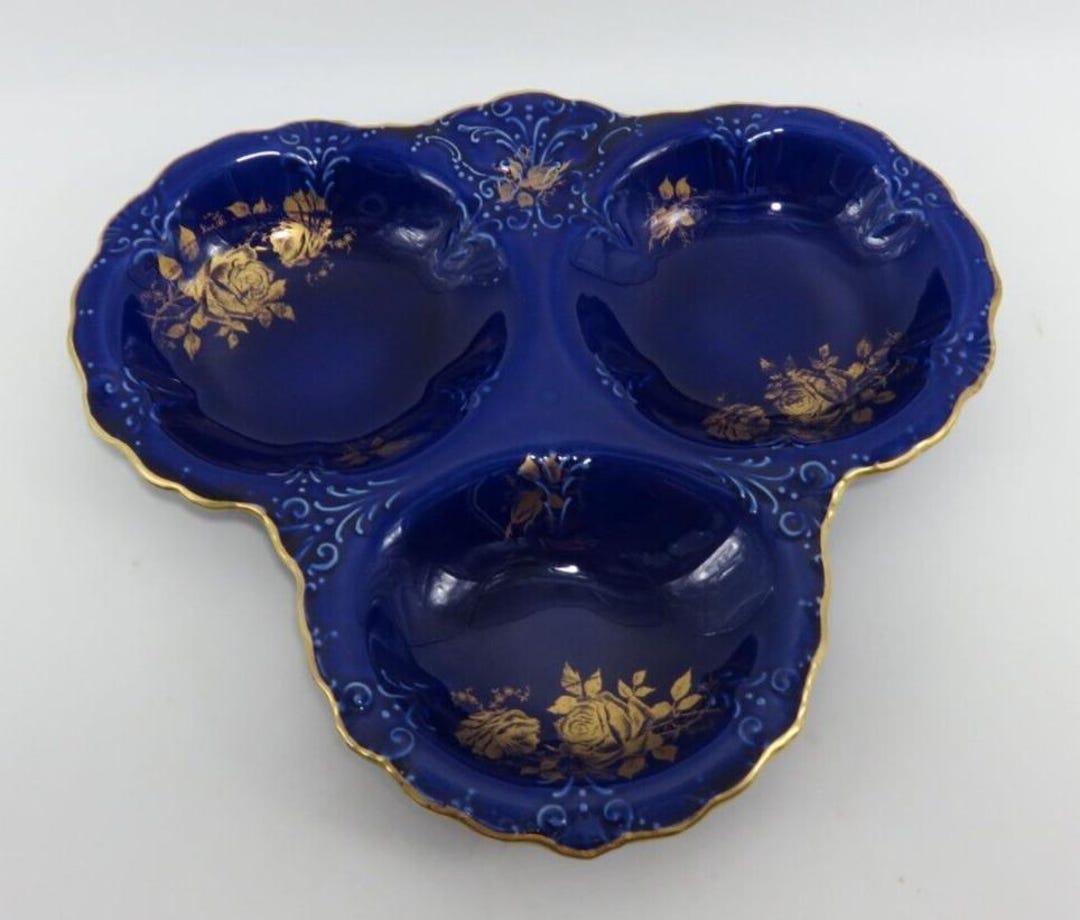 OLD FOLEY Cobalt Blue Ceramic 3 Section Dish Floral Rose Theme England ...