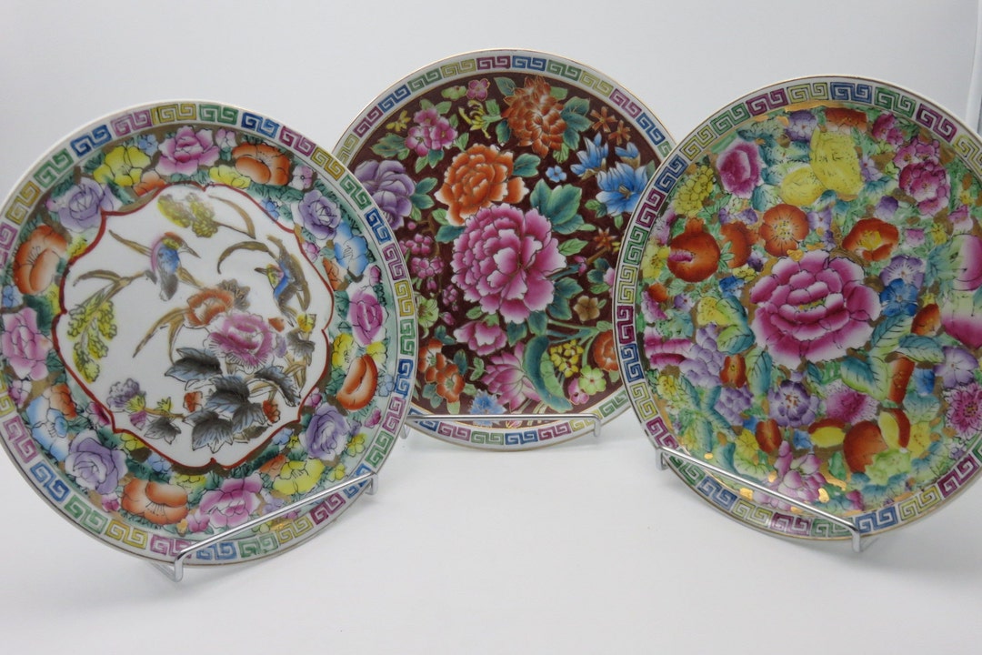 3 Decorative Vintage Chinese Plates With Flowers and Bright Colours - Etsy