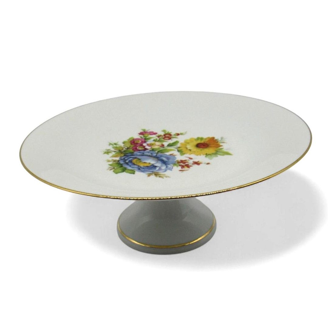 Vintage JKW BAVARIA Floral Cake Stand Gold Trim Pedestal Dessert ...
