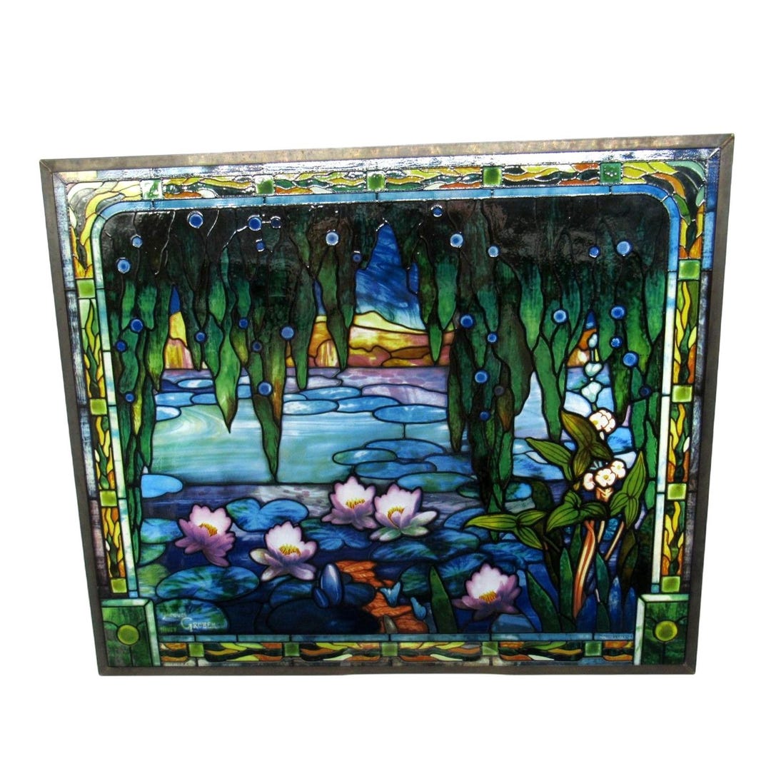JACQUES GRUBER Glassmasters Stained Glass Water Lily Pond Scene 13 ...