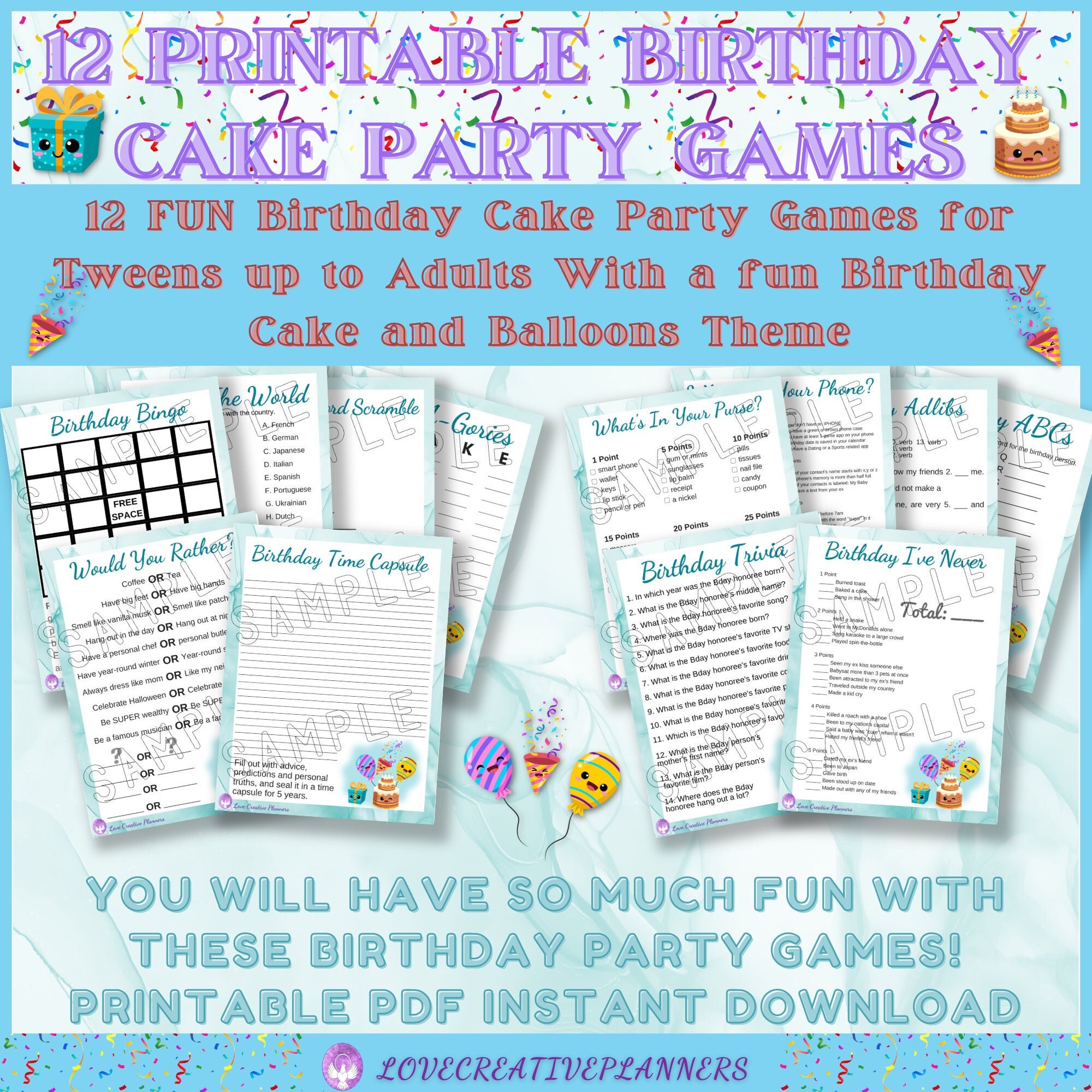 12 Printable Birthday Cake Party Games | Tweens | Adults | Birthday ...