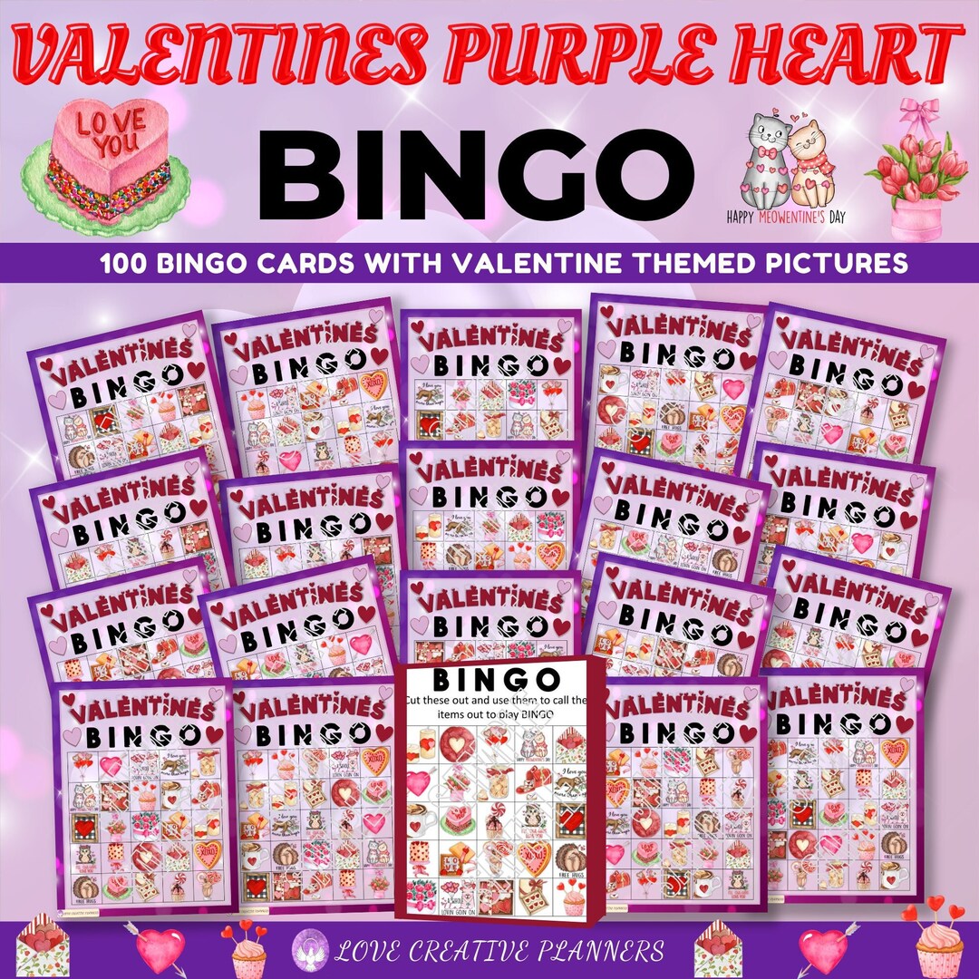 Valentines Purple Heart BINGO Game | Bingo Games | 100 Different Cards ...