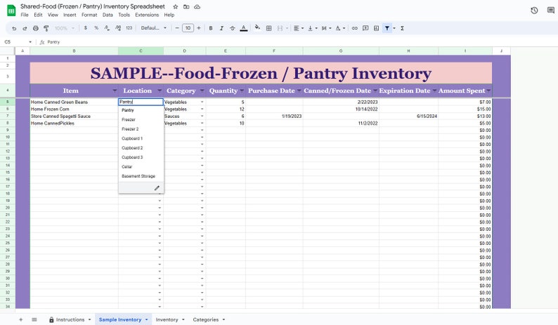 Food (frozen/pantry) Inventory Spreadsheet | Google Spreadsheet ...