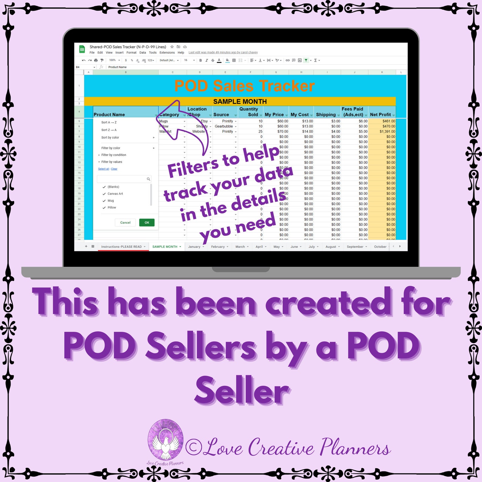 The POD Sales Tracker | Google Spreadsheet | Track Sales & Costs for ...