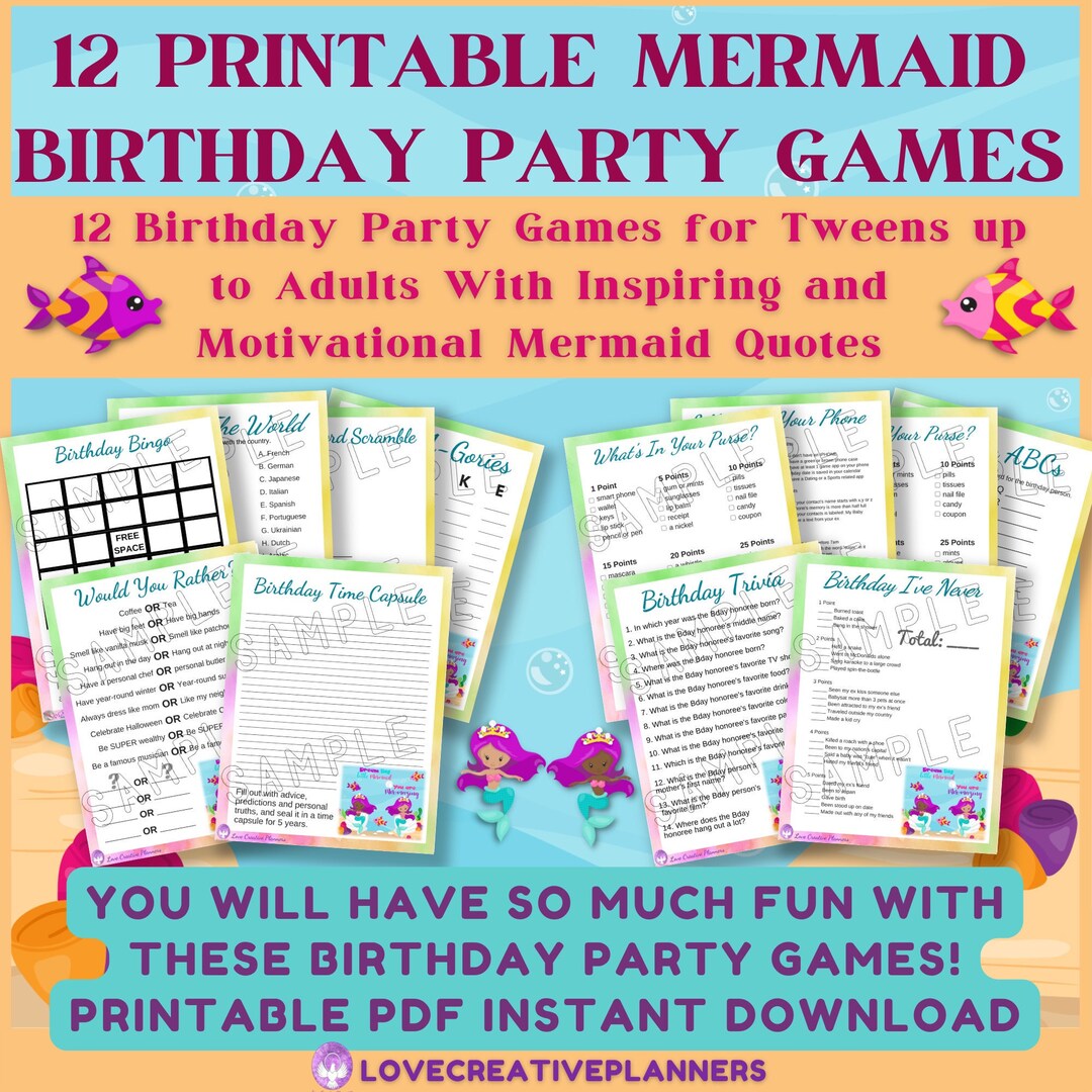 12 Printable Mermaid Birthday Party Games | Cute Fun | 8.5 X 11 ...