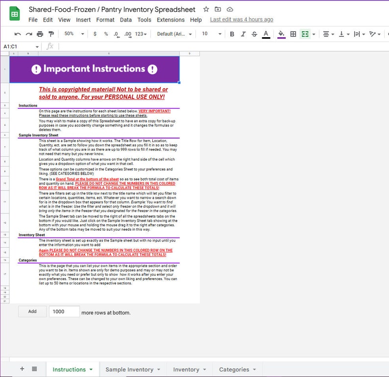 Food (frozen/pantry) Inventory Spreadsheet | Google Spreadsheet ...