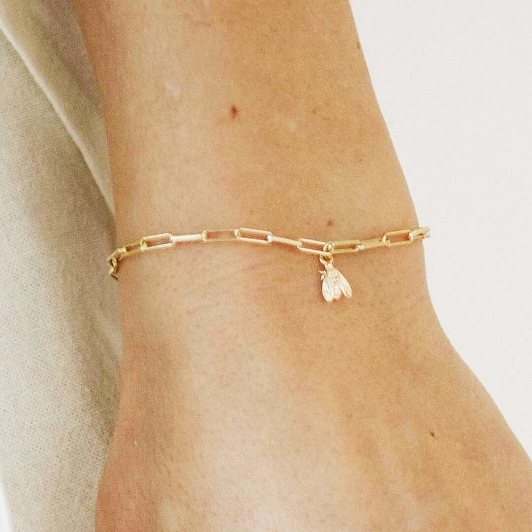 14k Solid Gold Bee Charm Bracelet: Delicate Chain Link 14/20 Yellow ...