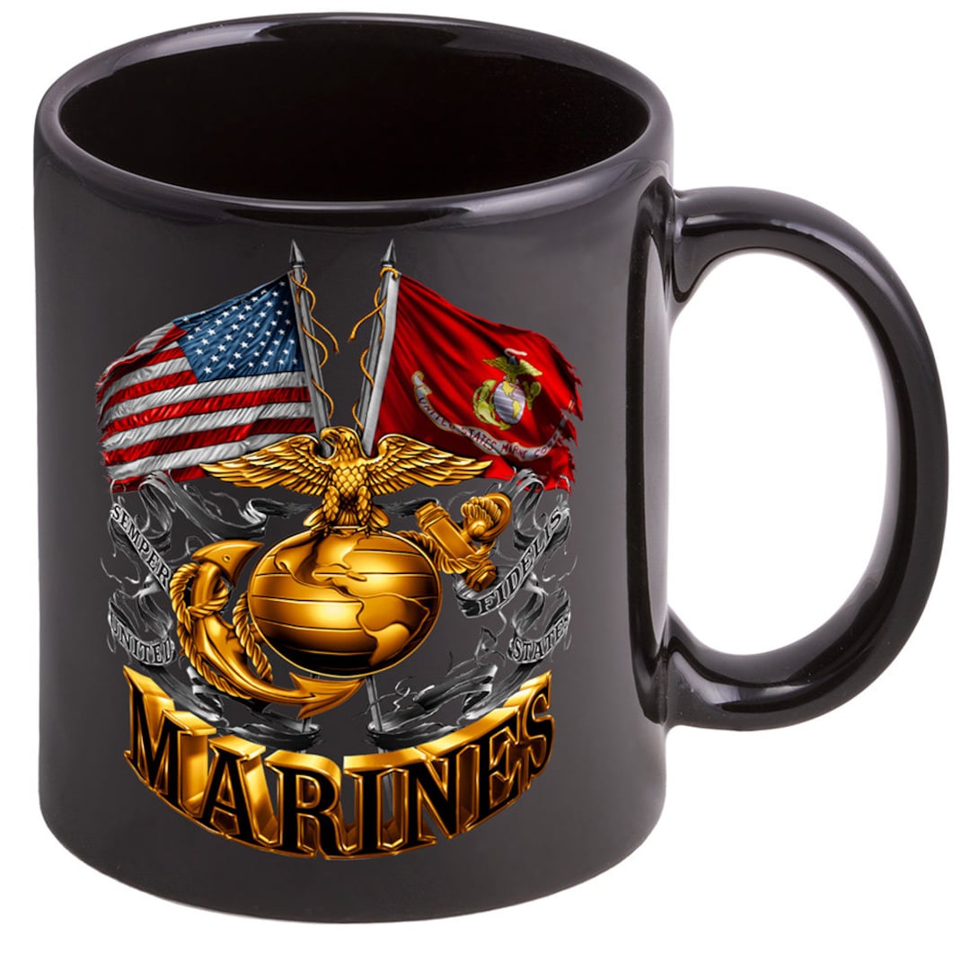 USMC Double Flag Gold Globe Marine Corps Stoneware Black Coffee Mug ...