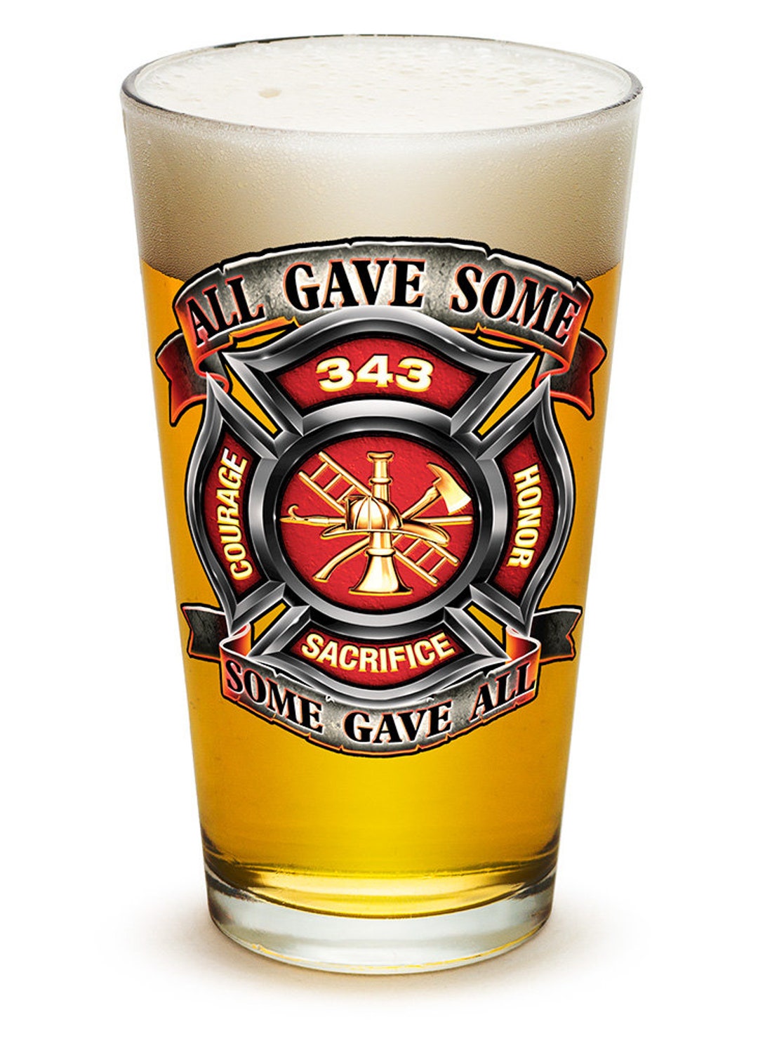 Fire Honor Courage Sacrifice 343 Badge Firefighter 16oz Pint Glass ...