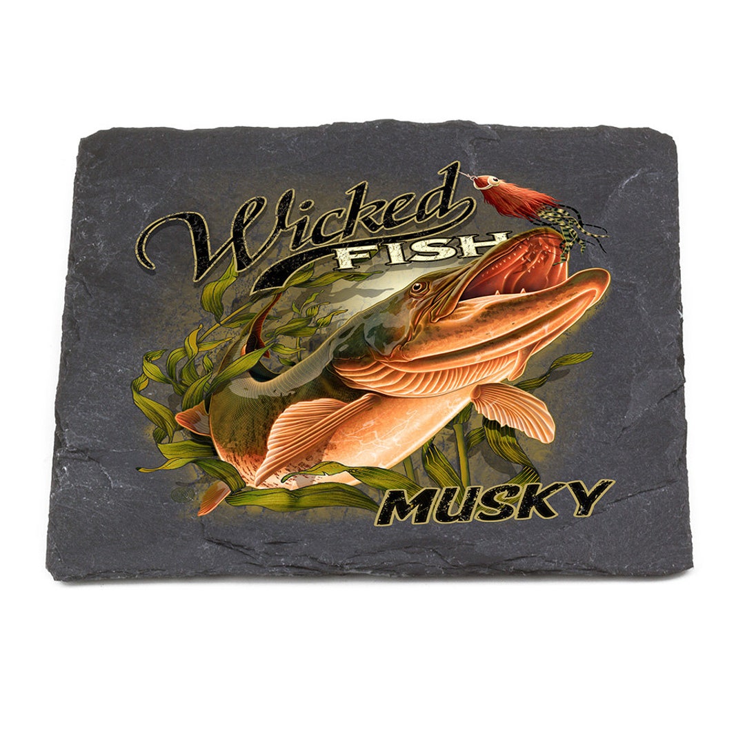 Fishing Wicked Fish Muskie Black Slate 4IN X 4IN Coasters Gift - Etsy