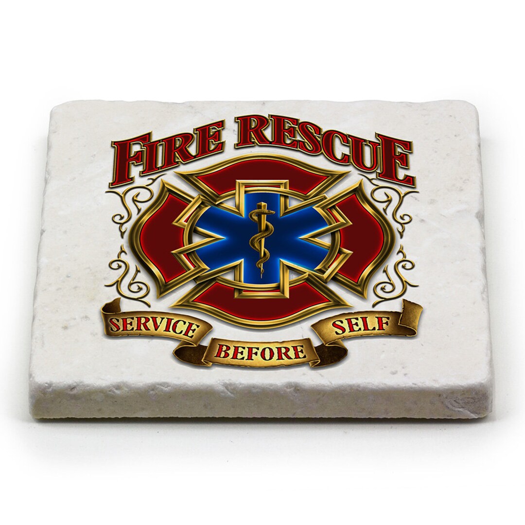 Firefighter Fire Rescue Gold Shield Ivory Tumbled Marble 4IN X 4IN ...