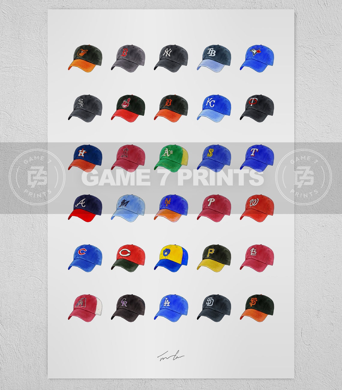 Major League Baseball MLB Team Caps Hats 12x18 Illustrated | Etsy