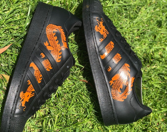 All Black Adidas W/ Dragon Design - Etsy