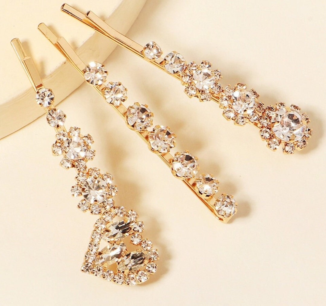 3PC Gold Heart Hair Pin Set. Bobby Pins With Crystal Xoxo - Etsy