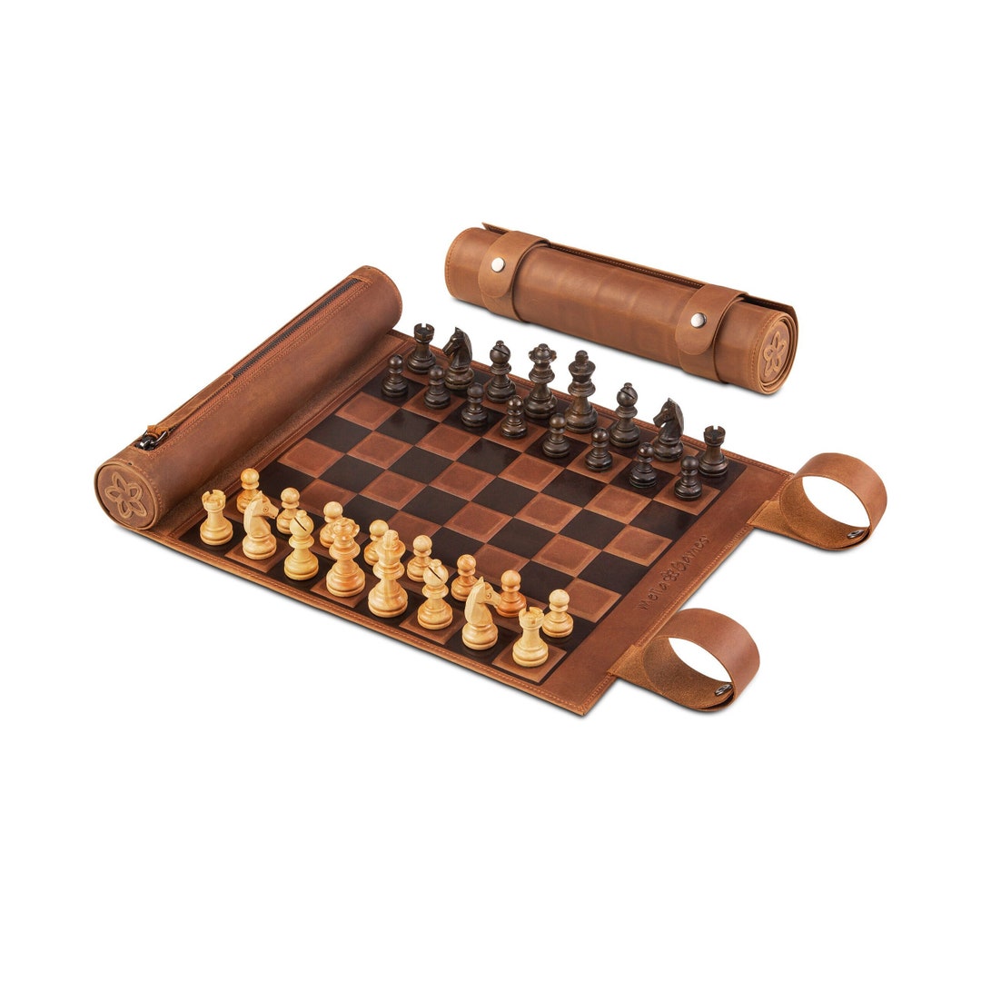 Melia Games Rolling Chess Magnet Option Travel Chess Made of the Finest Vintage Genuine Leather With Handcrafted Wooden Figures Etsy