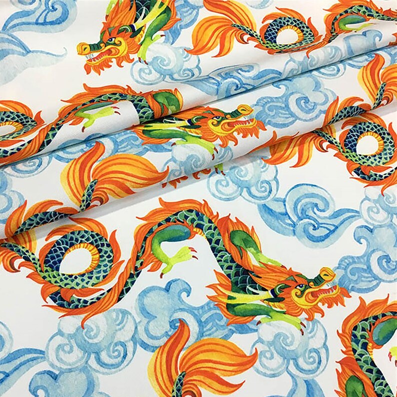 Japanese Dragon Upholstery Fabric Asian Dragons and Clouds - Etsy