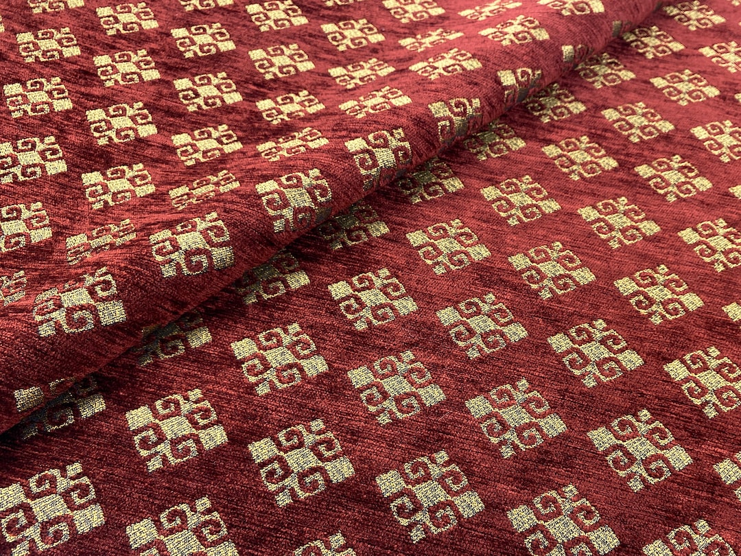 Turkish Kilim Upholstery Fabric Maroon Red Gold Aztec Woven Chenille ...