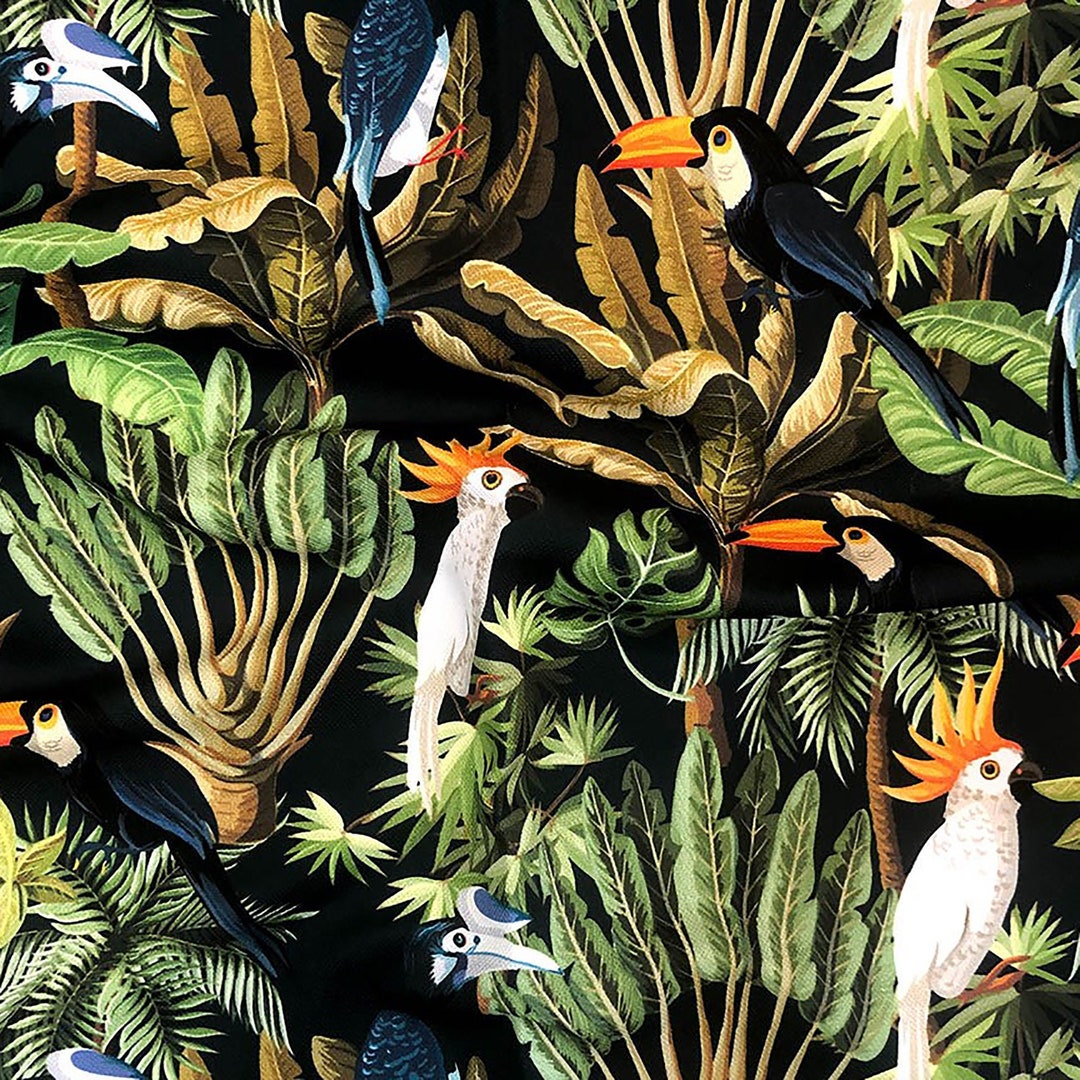 Tropical Jungle Upholstery Fabric Exotic Bird Parrot Rainforest Print ...