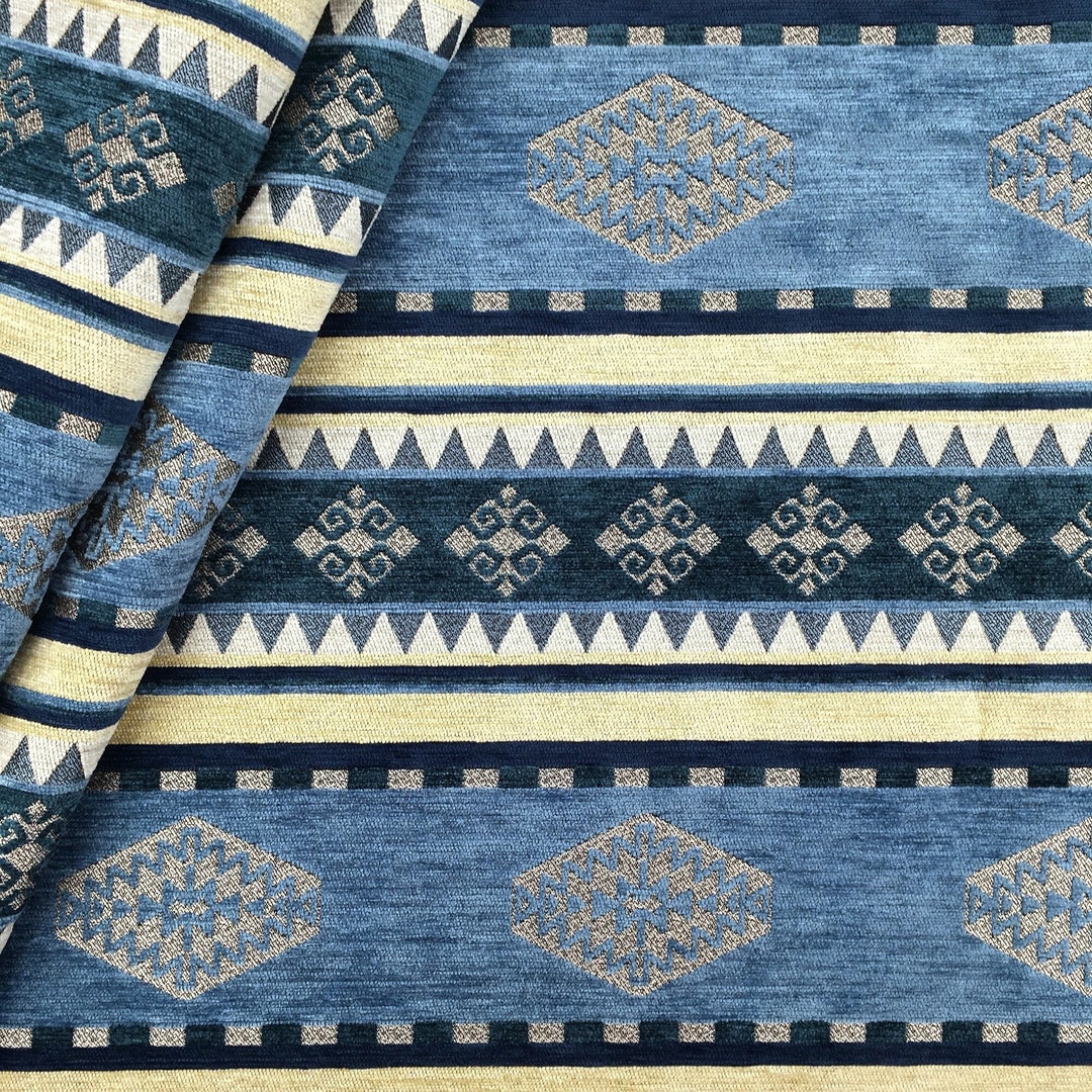 Blue Kilim Upholstery Fabric Turkish Boho Bohemian Tribal Aztec Woven ...