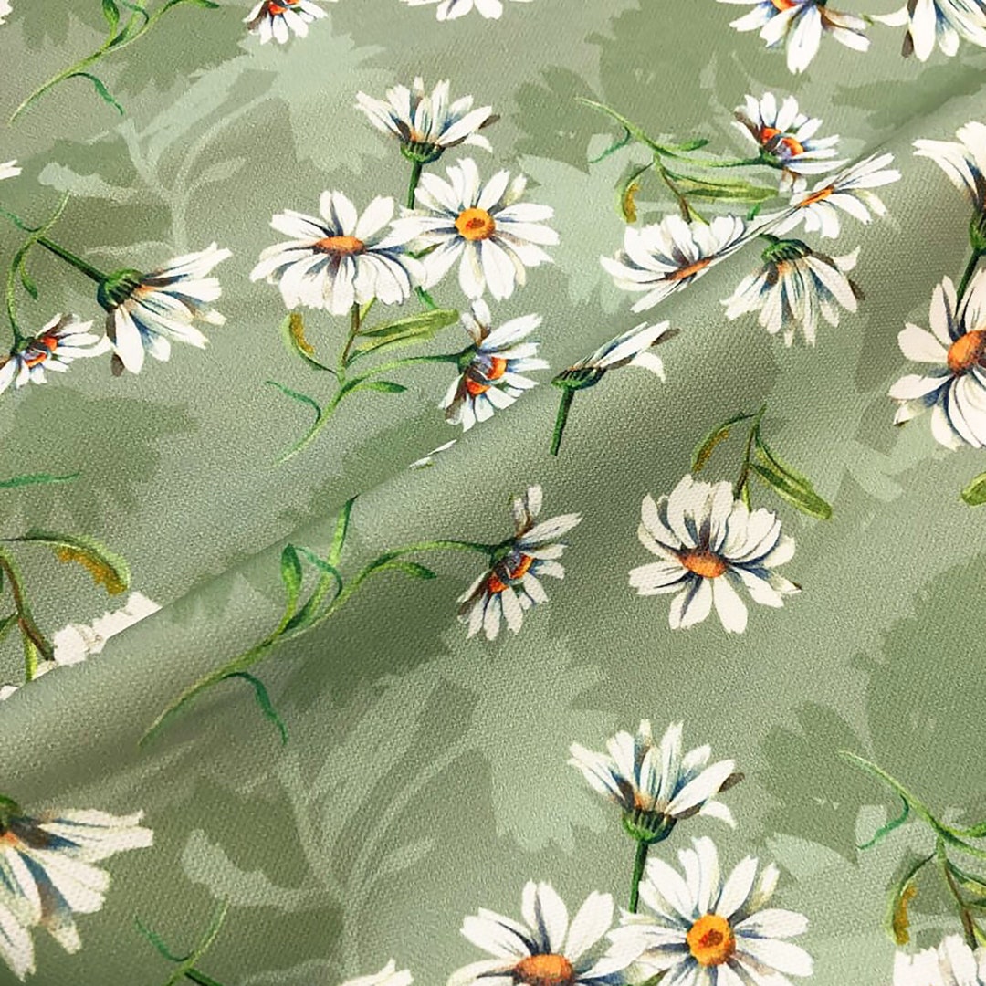 Moss Green Floral Upholstery Fabric, Daisy Flowers Print Home Textile ...