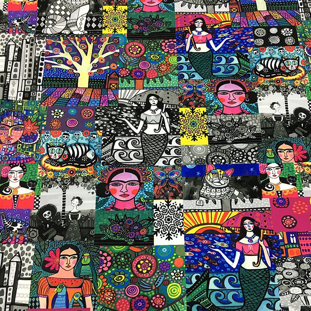 Mexican Frida Kahlo Fabric Colorful Festive Folk Art Print Home Decor ...