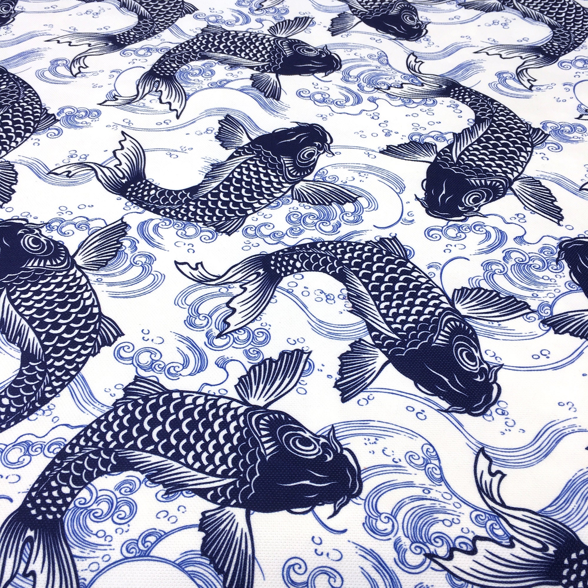 Navy Koi Fish Upholstery Fabric Nautical Marine Fish Print | Etsy