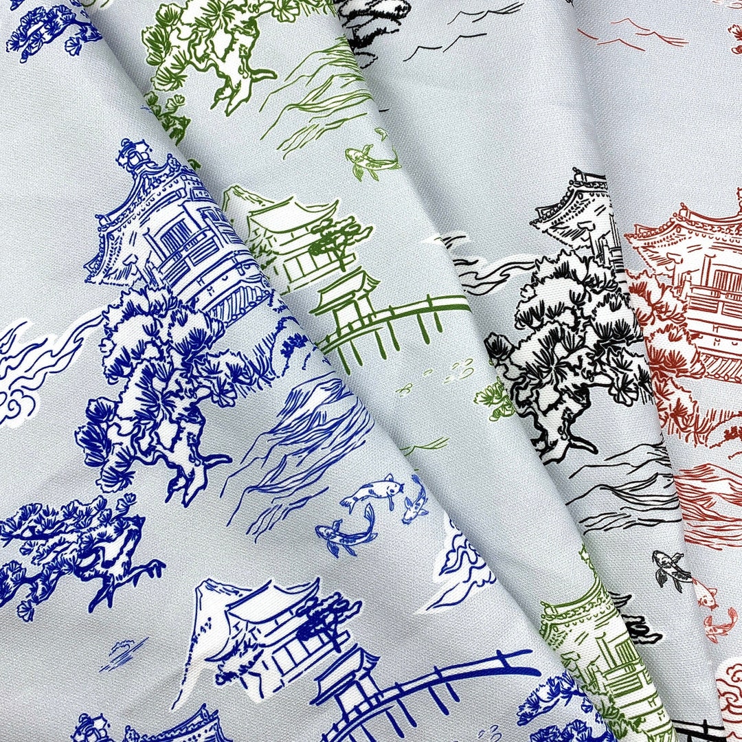 Asian Chinoiserie Upholstery Fabric Oriental Toile De Jouy Pagoda Zen ...