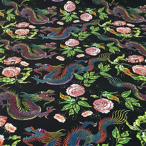 Japanese Dragon Fabric by the Yard, Asian Floral Dragon Print Home ...