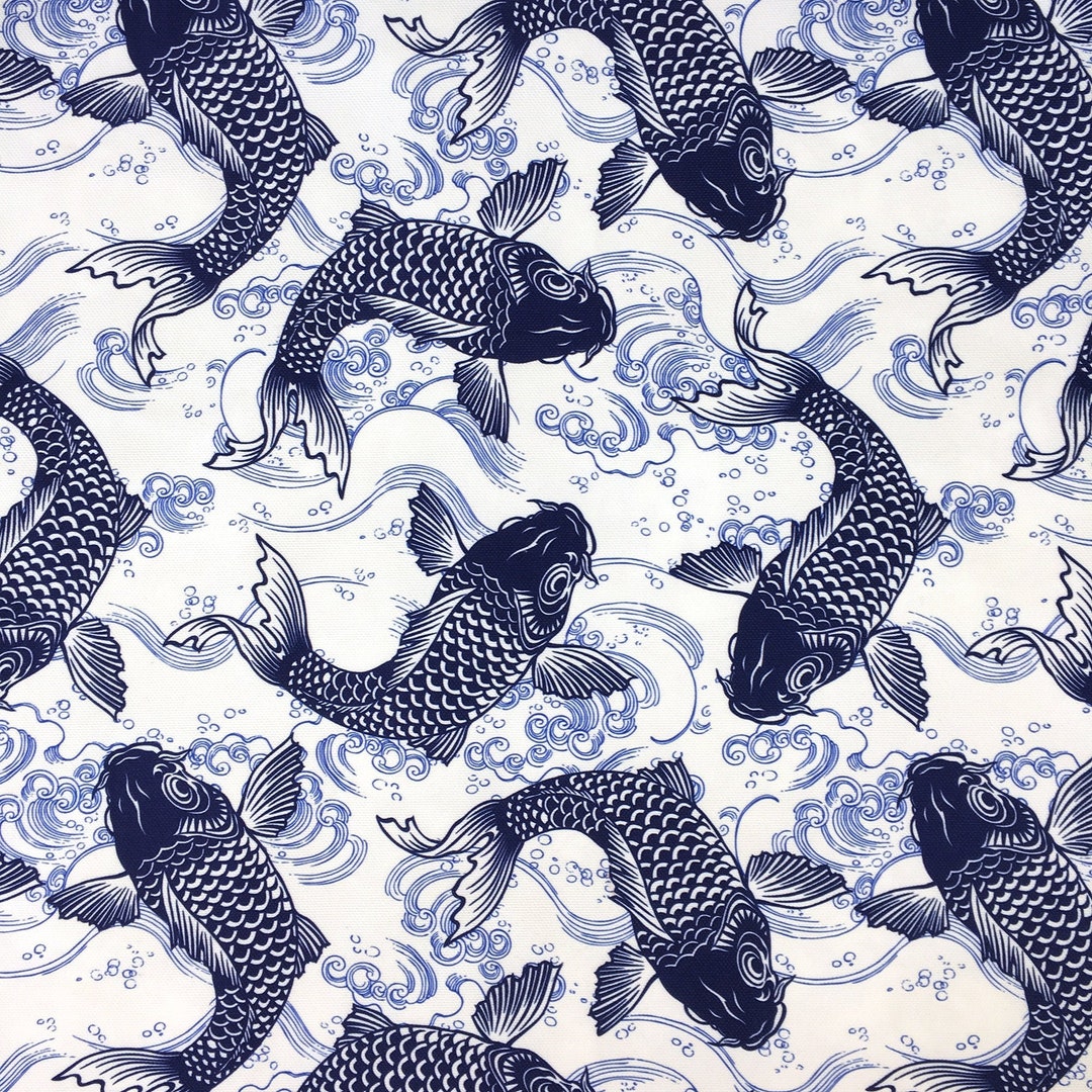 Navy Koi Fish Upholstery Fabric, Nautical Marine Fish Print Home Decor ...