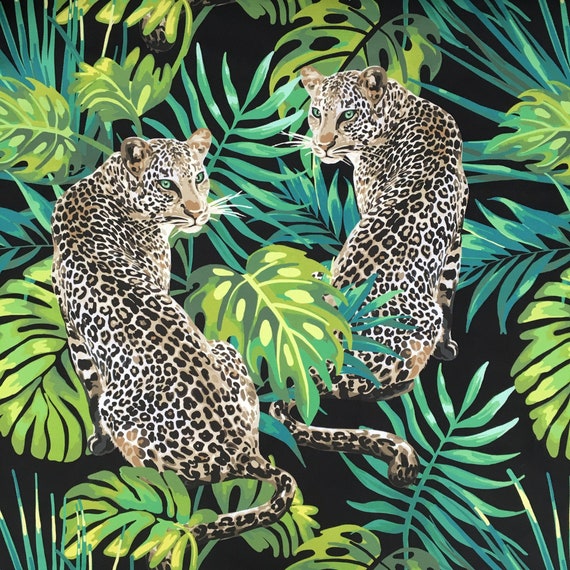 Tropical Leopard Fabric by the Yard Green Leaves and Exotic | Etsy