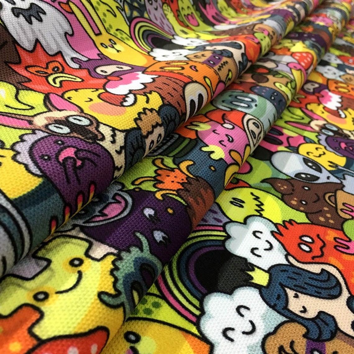 Cartoon Monsters Fabric by the Yard, Colorful Funny Cute Monsters Print ...