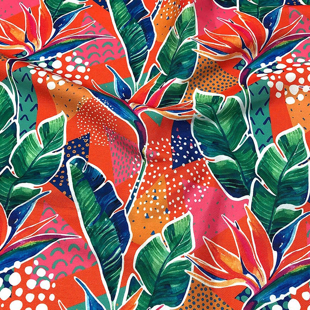 Abstract Tropical Upholstery Fabric Vibrant Botanical Floral Leaves ...